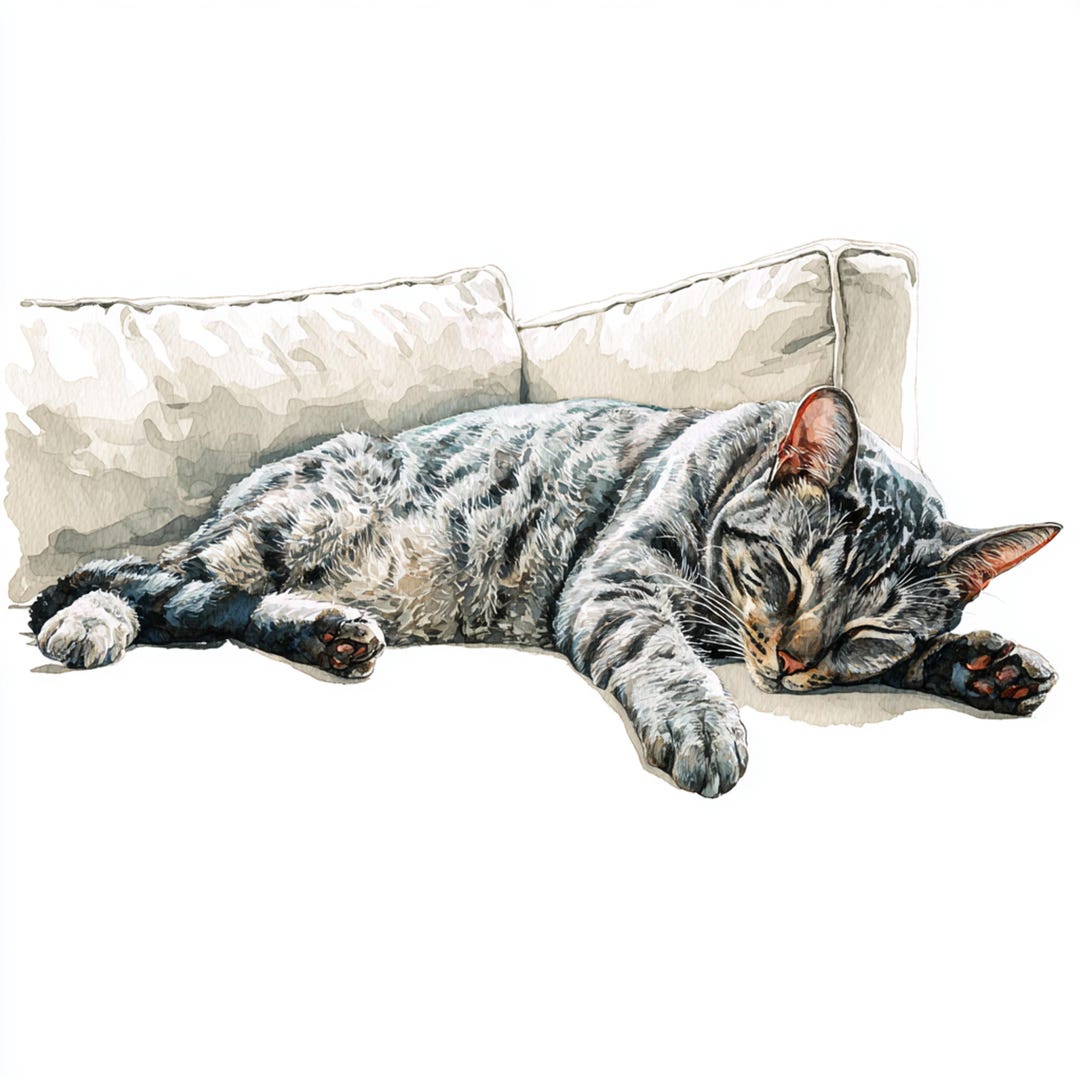12 Printable Sleepping Cat, Watercolor Cat on Couch, Pet Portrait ...