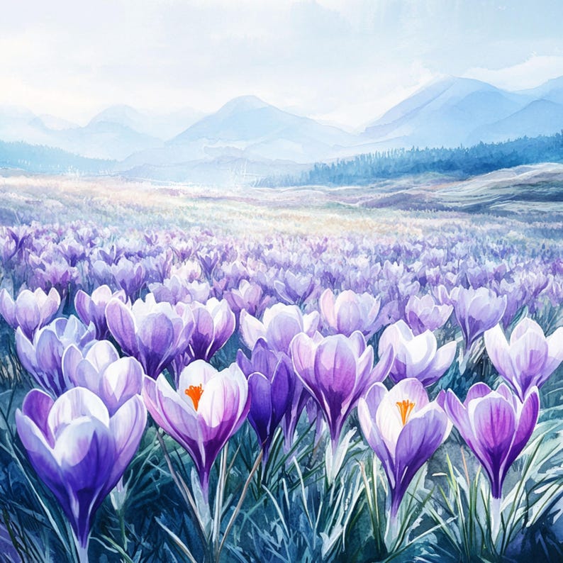 Printable Crocus Meadow Landscape, Watercolor Crocus Field, Wildflower ...