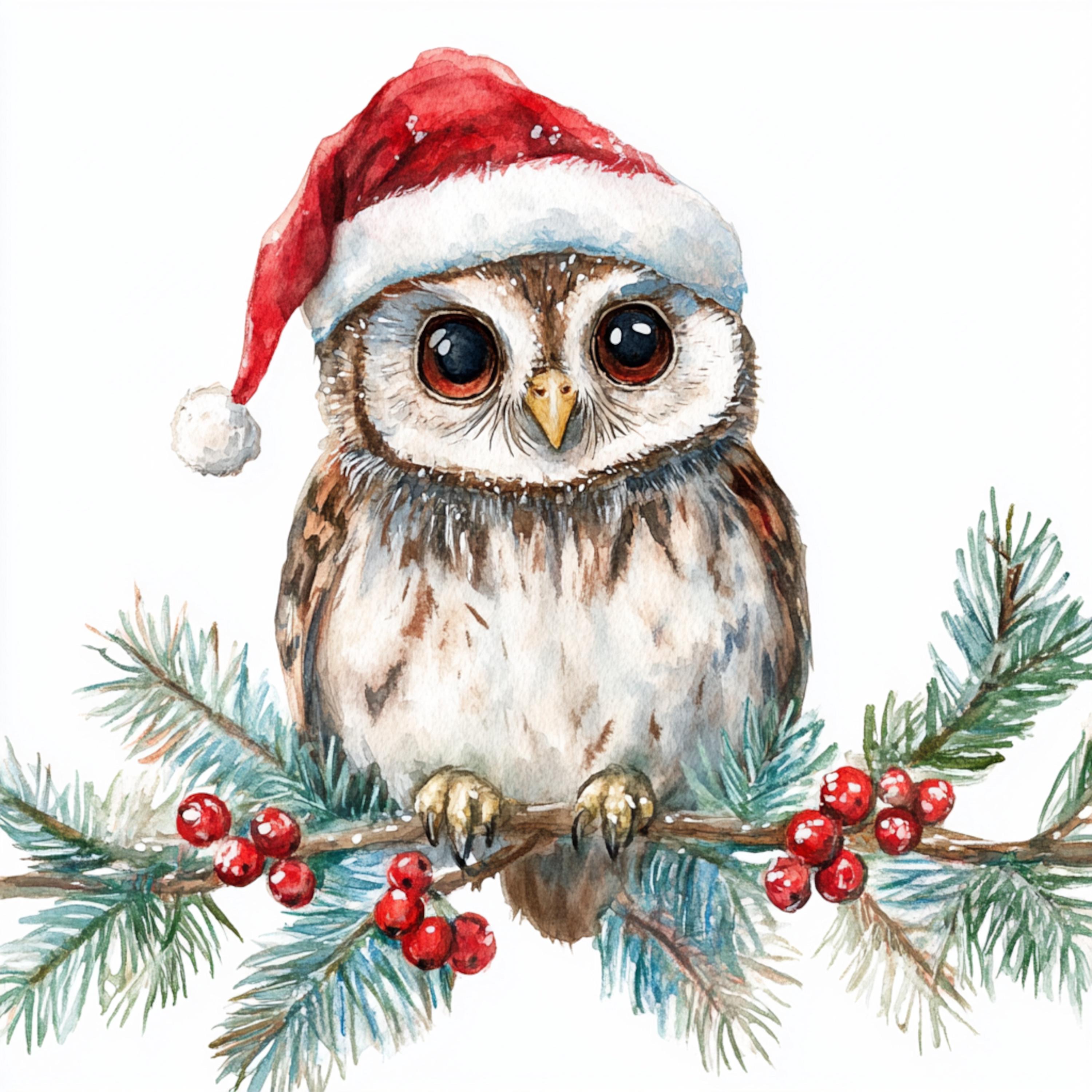 10 Printable Cute Owl Clipart, Watercolor Art, Santa Owl, Printable JPG ...