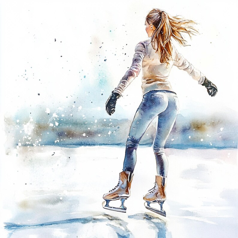 Skating Girl Watercolor Art, Printable Girl on the Ice Rink, Beautiful ...