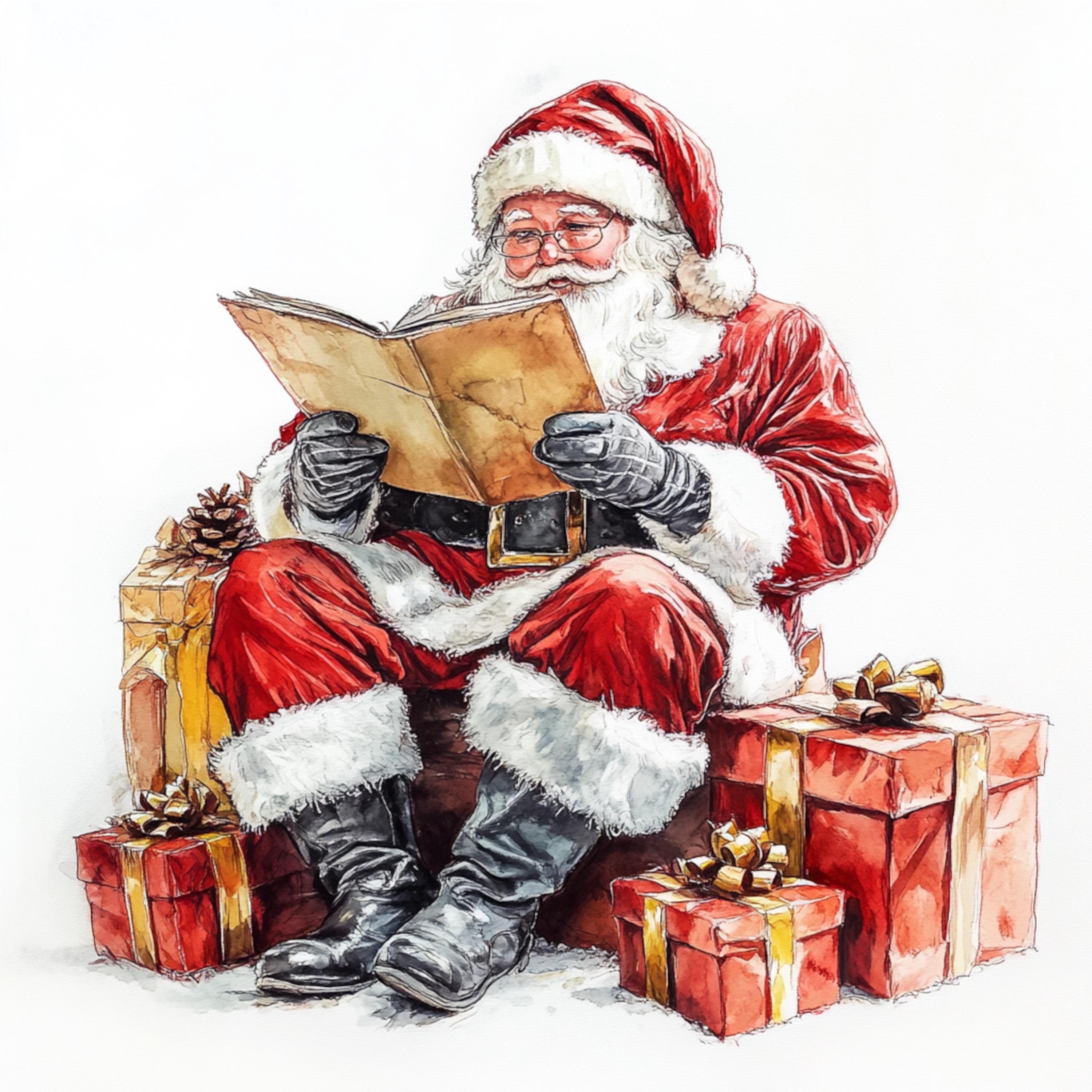 Printable Santa Reading Letters, Watercolor Santa Clipart, Christmas ...