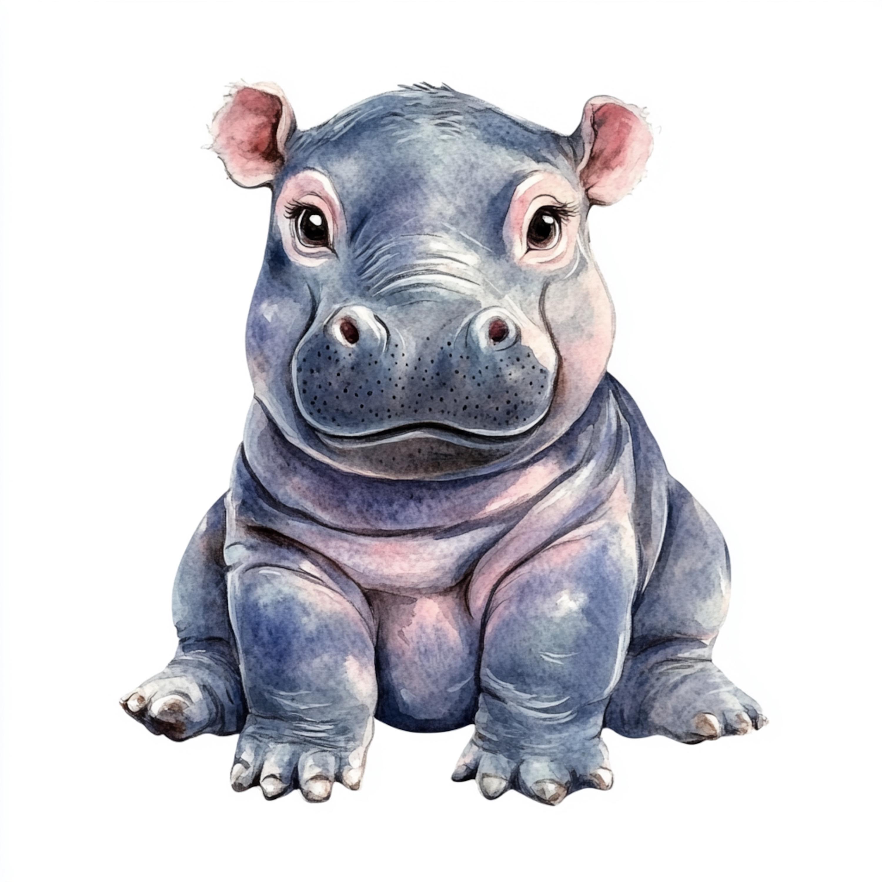 Printable Little Hippo, Watercolor Baby Hippo, 10 Cute Clipart ...