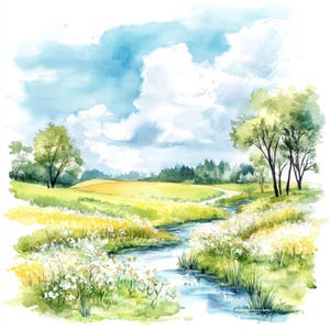 10 Printable Spring Landscape Art, Watercolor Landscape Art, River ...