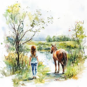 Printable Little Girl and Horse, Watercolor Girl and Ponny Art ...