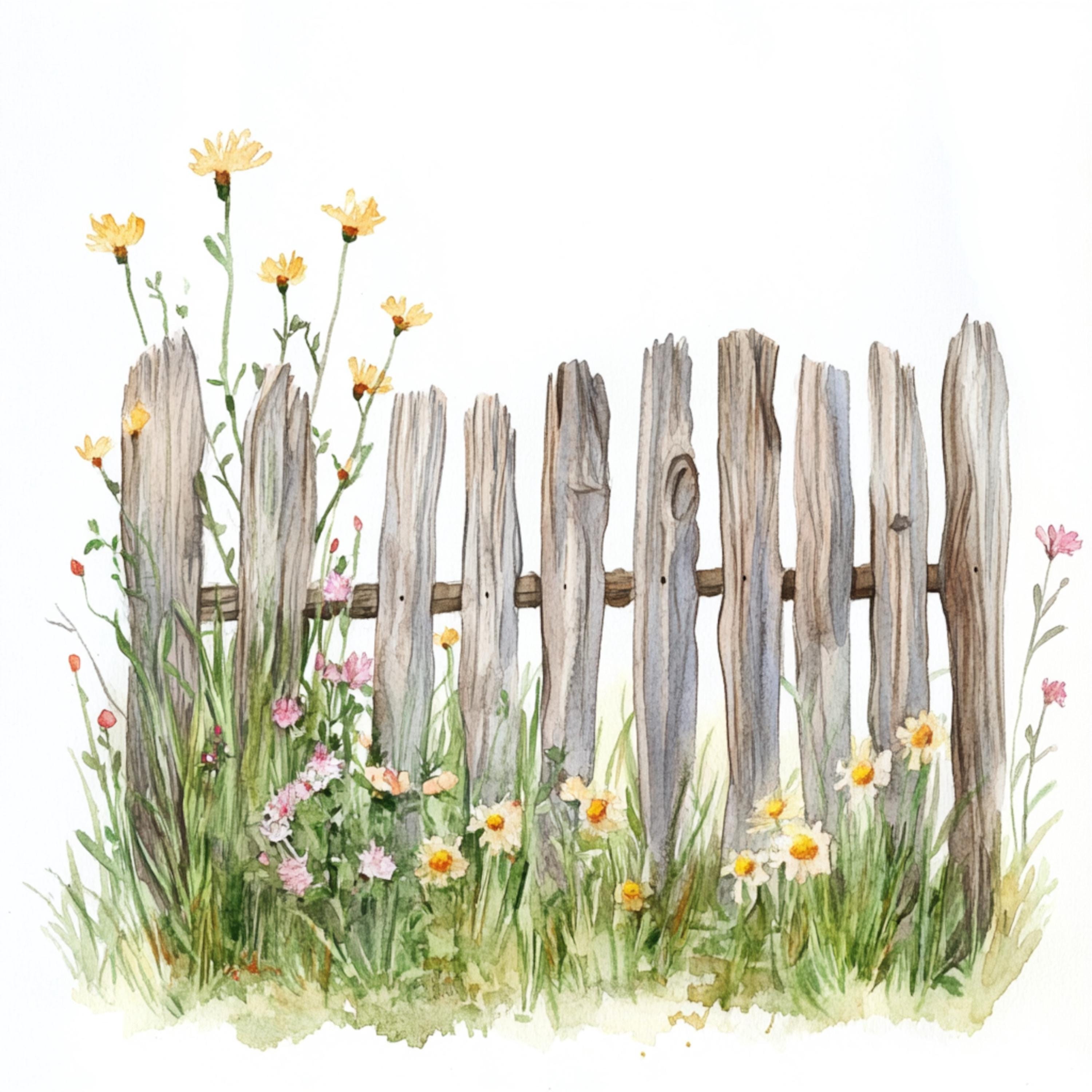 10 Printable Floral Wooden Fence, Watercolor Images, Wooden Fence Art ...