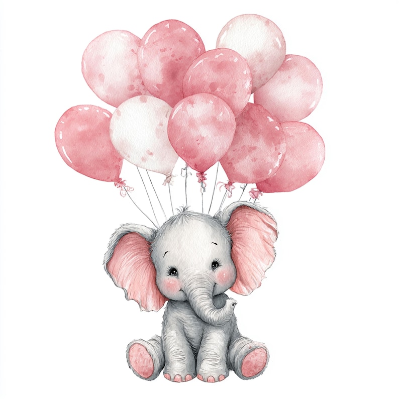 9 Printable Pink Baby Elephant Clipart, Watercolor Air Balloon Print ...