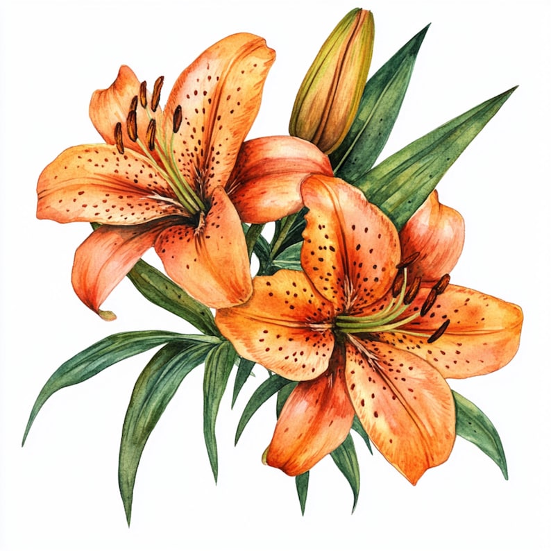10 Printable Tiger Lily Flowers, Watercolor Lily, Botanical Lily Art ...