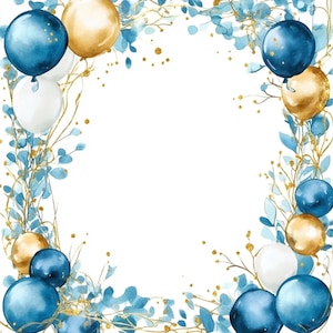 10 Printable Blue White Balloons Frame, Watercolor Party Ballons, Blue ...