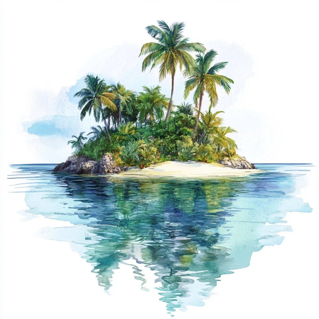 Printable Tropical Island, Watercolor Art, Island Coast Print, 10 Clip ...