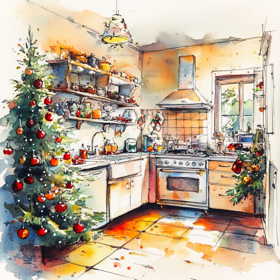 Printable Christmas Kitchen, Watercolor Art, Christmas Decor, 10 Clip ...