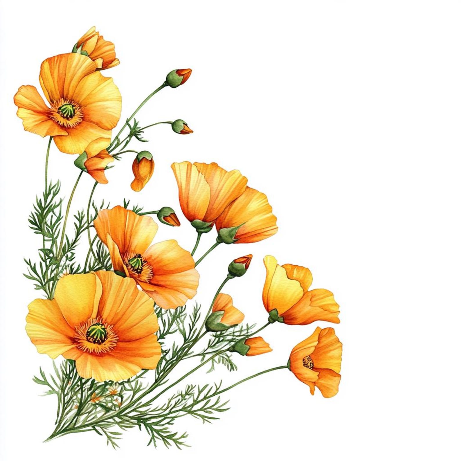 10 Printable California Poppies Corner, Watercolor Images, Orange ...