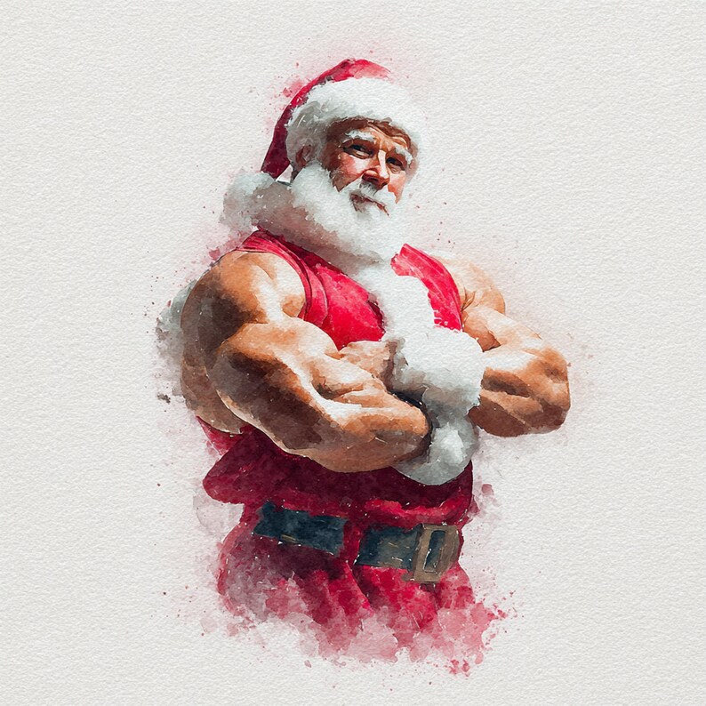 12 Printable Muscle Santa, Watercolor Santa Clipart, Commercial Use ...