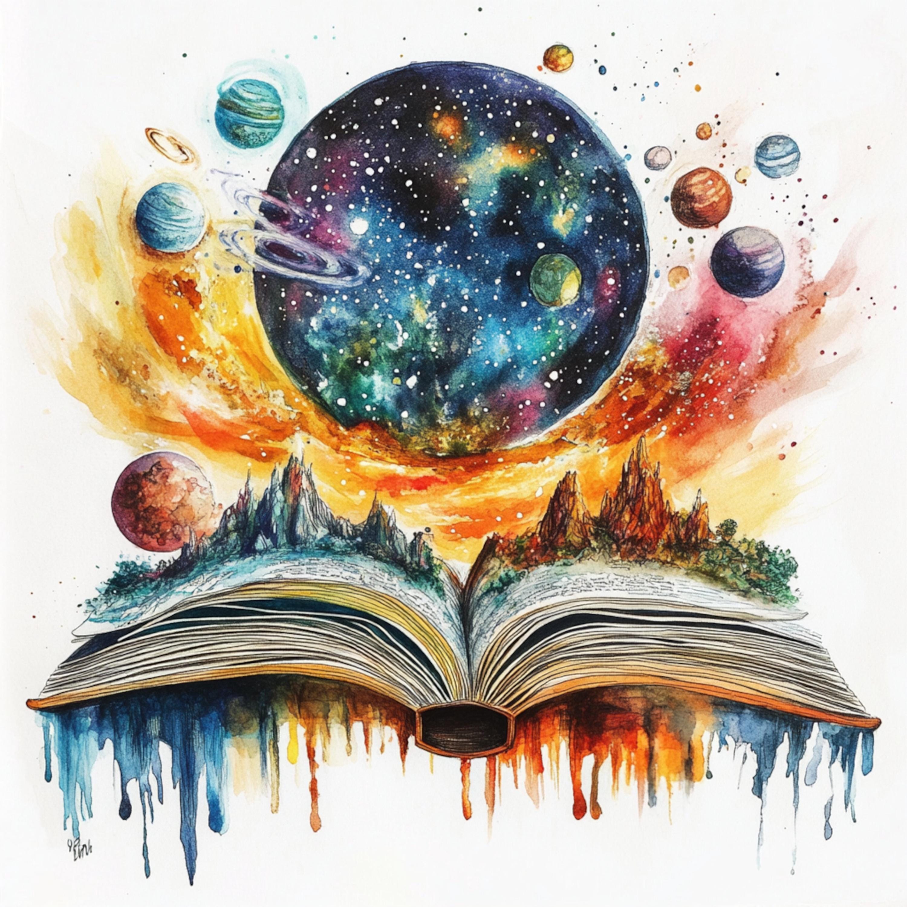 10 Printable Open Book, Dream World Art, Book With Cosmic Landscapes ...