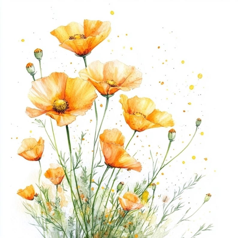10 Printable California Poppies Art, Watercolor Images, Orange Poppies ...