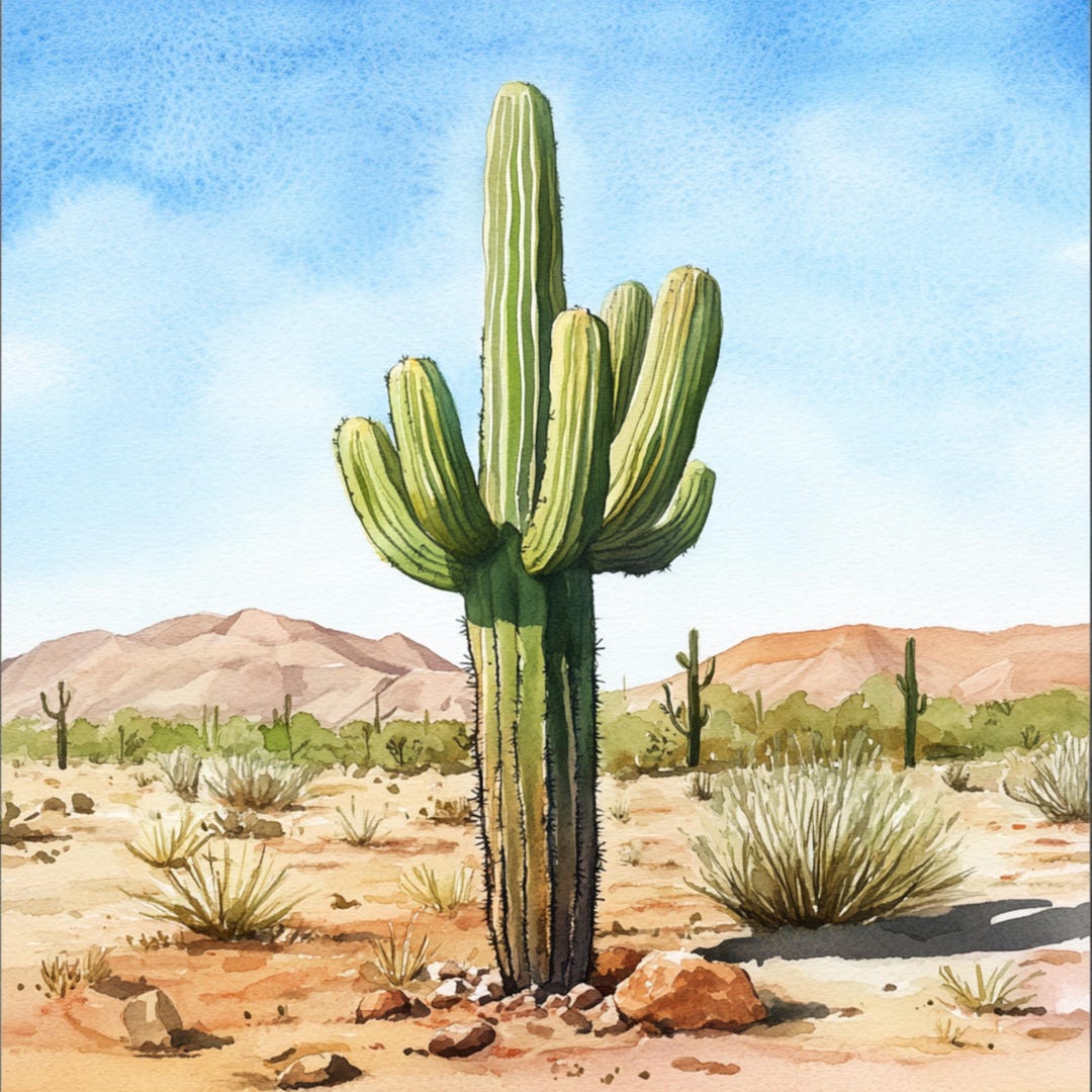 10 Printable Cactus in Desert Landscape, Watercolor Images, Cactus ...