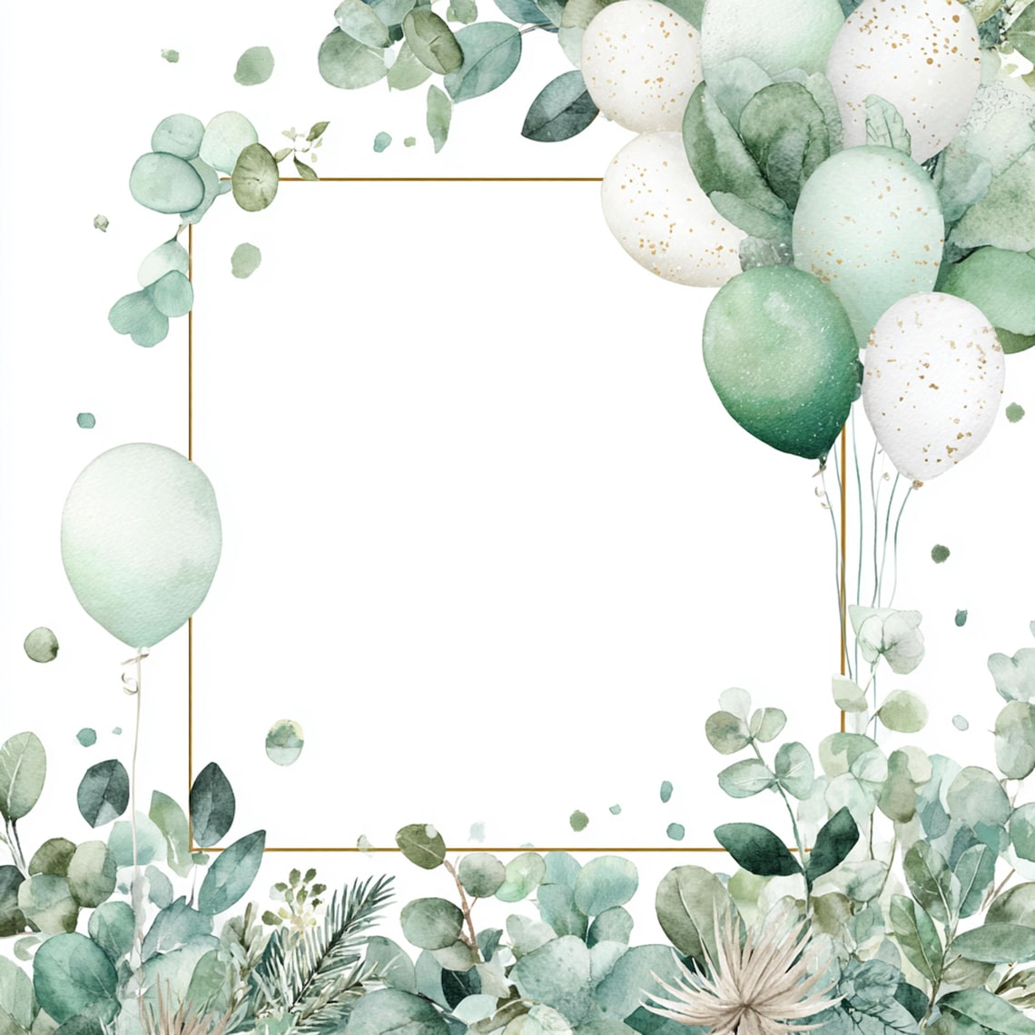 10 Printable Green White Balloons Frame, Watercolor Party Ballons ...