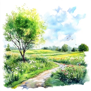 10 Printable Spring Landscape Art, Watercolor Landscape Art, River ...