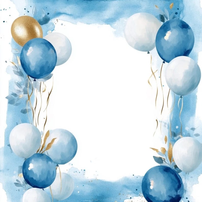 10 Printable Blue White Balloons Frame, Watercolor Party Ballons, Blue ...