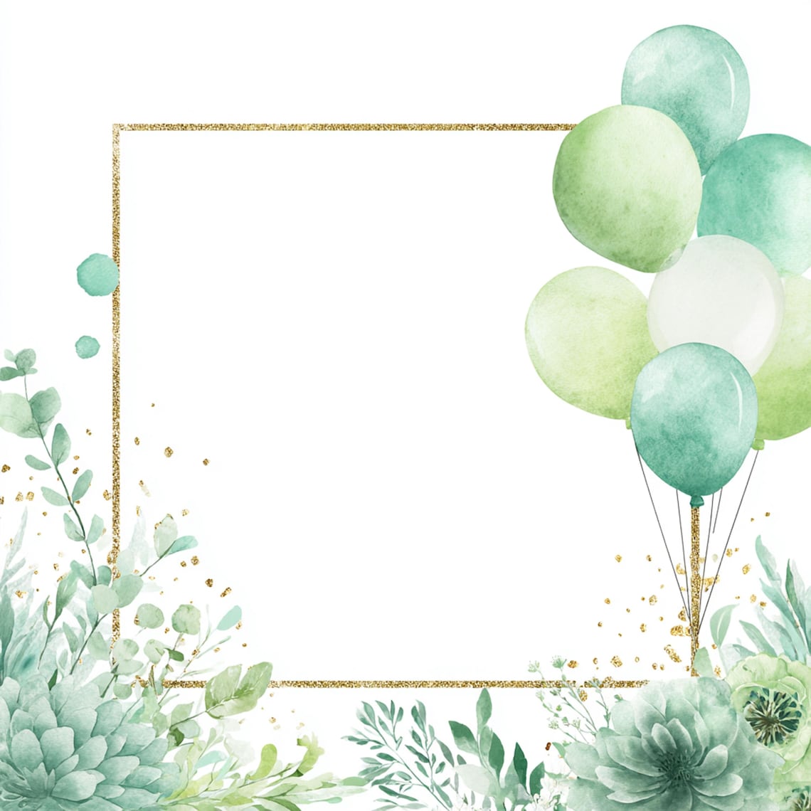 10 Printable Green White Balloons Frame, Watercolor Party Ballons ...