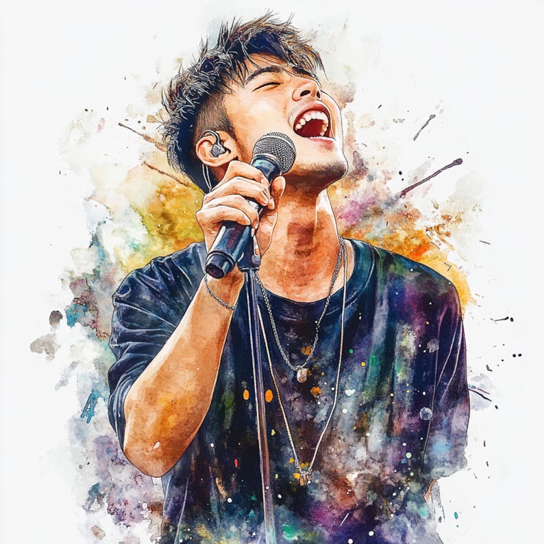 Watercolor Singing Asian Man, Young Singer, Asian Boy Art, Watercolor ...