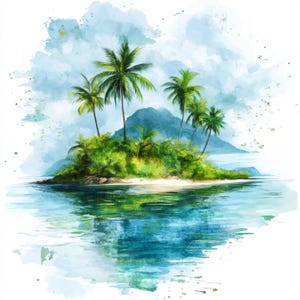 Printable Tropical Island, Watercolor Art, Island Coast Print, 10 Clip ...