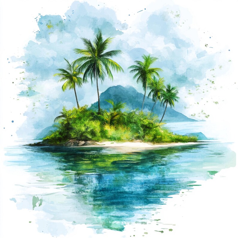 Printable Tropical Island, Watercolor Art, Island Coast Print, 10 Clip ...