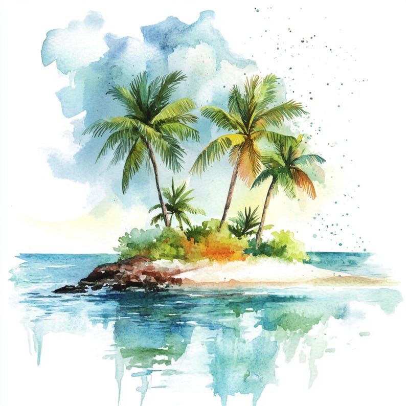 Printable Tropical Island, Watercolor Art, Island Coast Print, 10 Clip ...