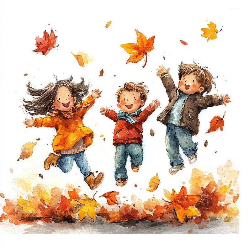 11 Printable Kids in Autumn, Watercolor Autumn Leaves Fun, Watercolor ...