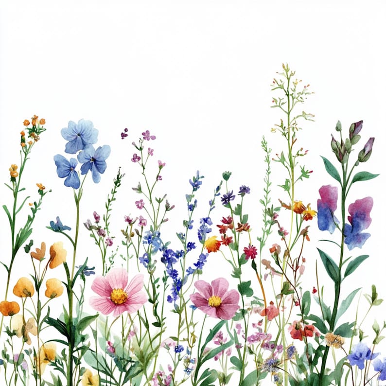 10 Printable Wildflowers Border Decor, Watercolor Grassland Flowers ...