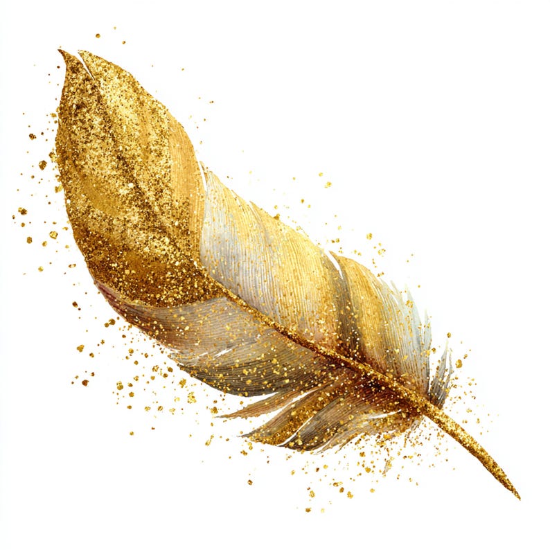 11 Printable Feather, Watercolor Gold Feather Jpgs, Glitter Gold ...