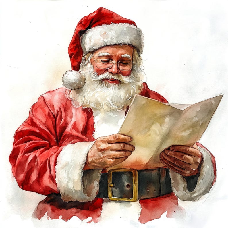 Printable Santa Reading Letters, Watercolor Santa Clipart, Christmas ...