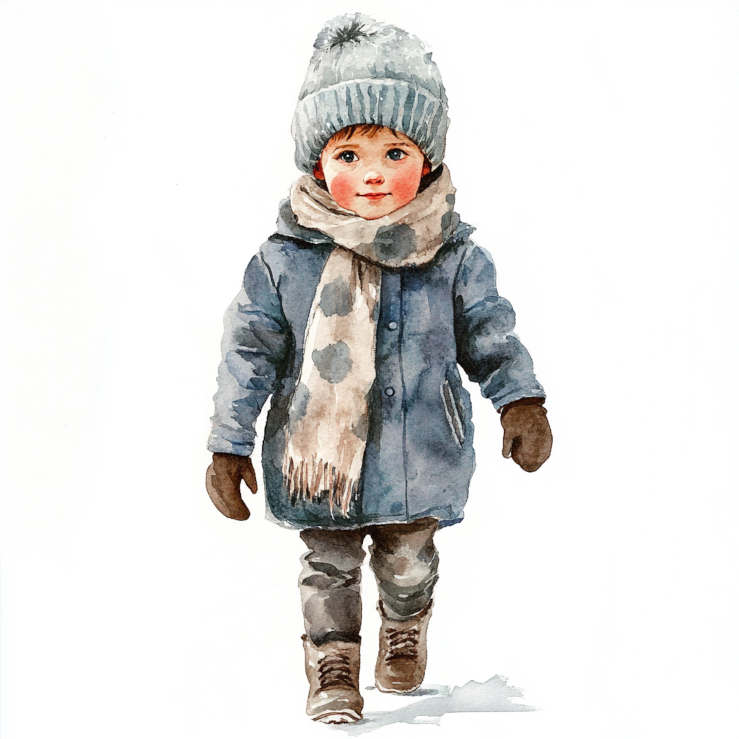 Printable Little Boy in Winter, Watercolor Boy Art, Watercolor Clip Art ...