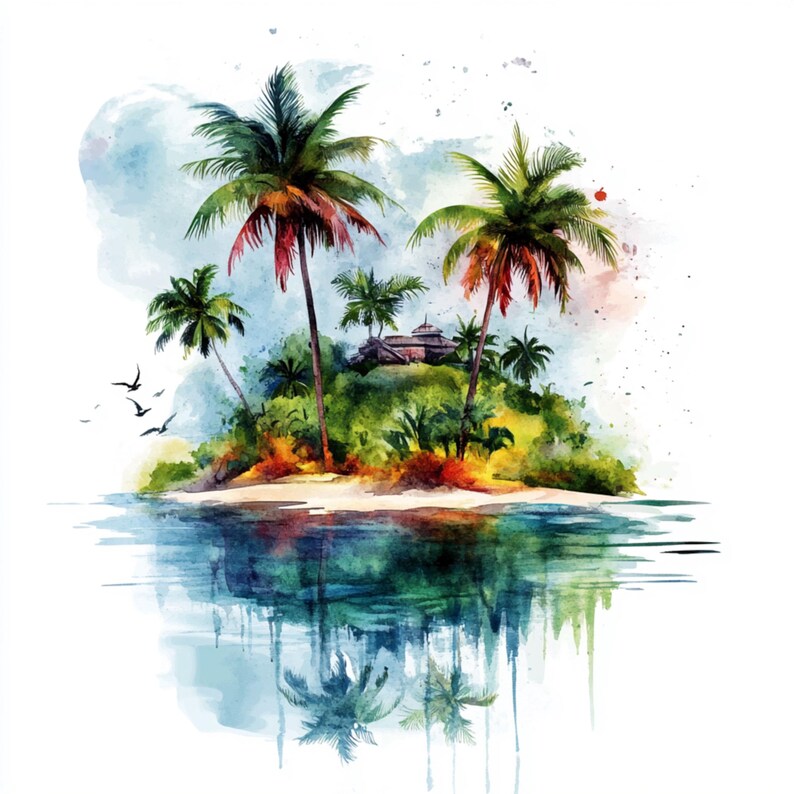 Printable Tropical Island, Watercolor Art, Island Coast Print, 10 Clip ...