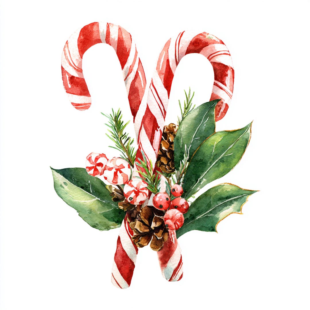 10 Printable Candy Cane, Watercolor Christmas Candy , Commercial Use ...