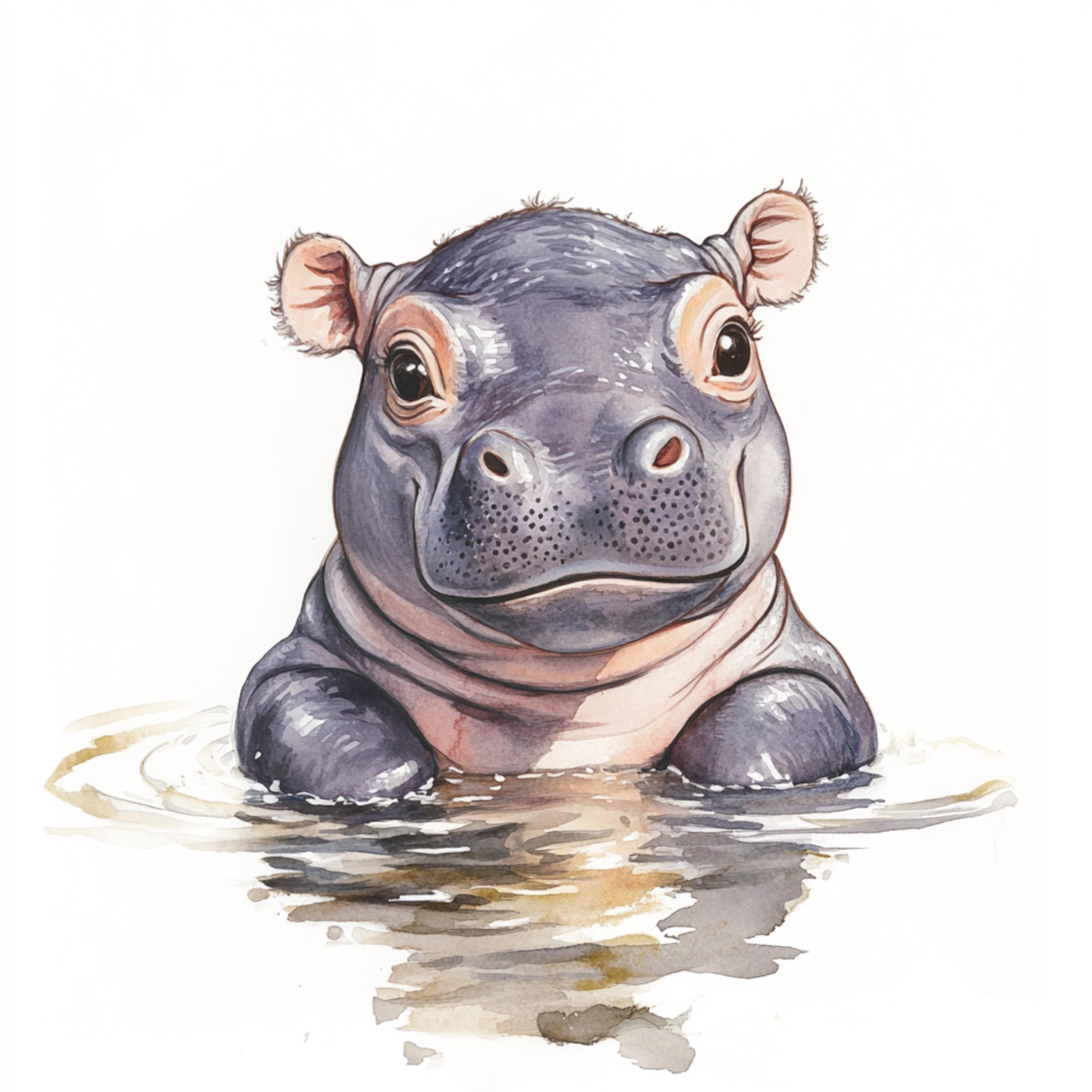 Printable Little Hippo, Watercolor Baby Hippo, 10 Cute Clipart ...