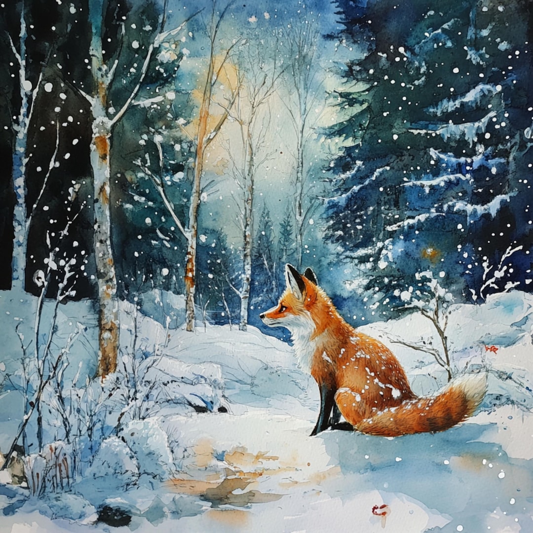 Printable Fox Clipart, Watercolor Art, Winter Fox in Forest, Printable ...
