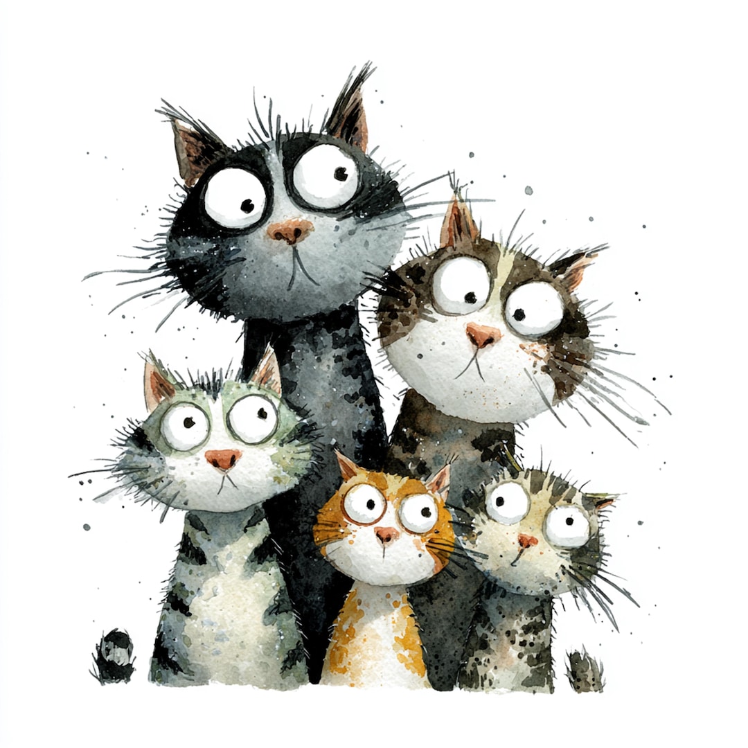 14 Printable Whimsical Cats, Watercolor Funny Cats, Family Cats, Quaint ...