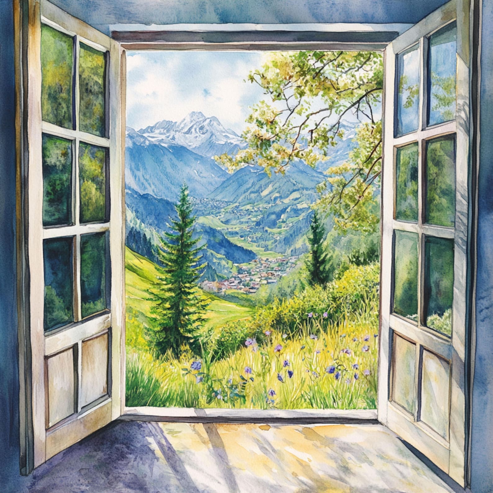Printable Spring Mountain Window, Easter Decor, Watercolor Art, Floral ...