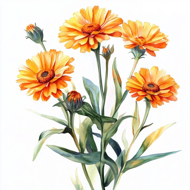 10 Printable Calendula Flower Decor, Watercolor Calendula Art ...