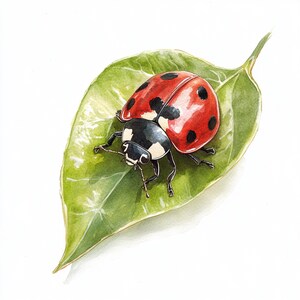 Printable Ladybug Decor, Watercolor Ladybug on Leaf, Insects Art, 10 ...