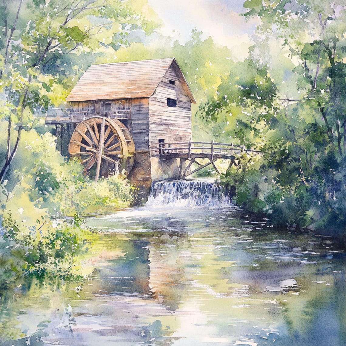 10 Printable Old Wooden Watermill, Watercolor Clipart, Watermill on ...