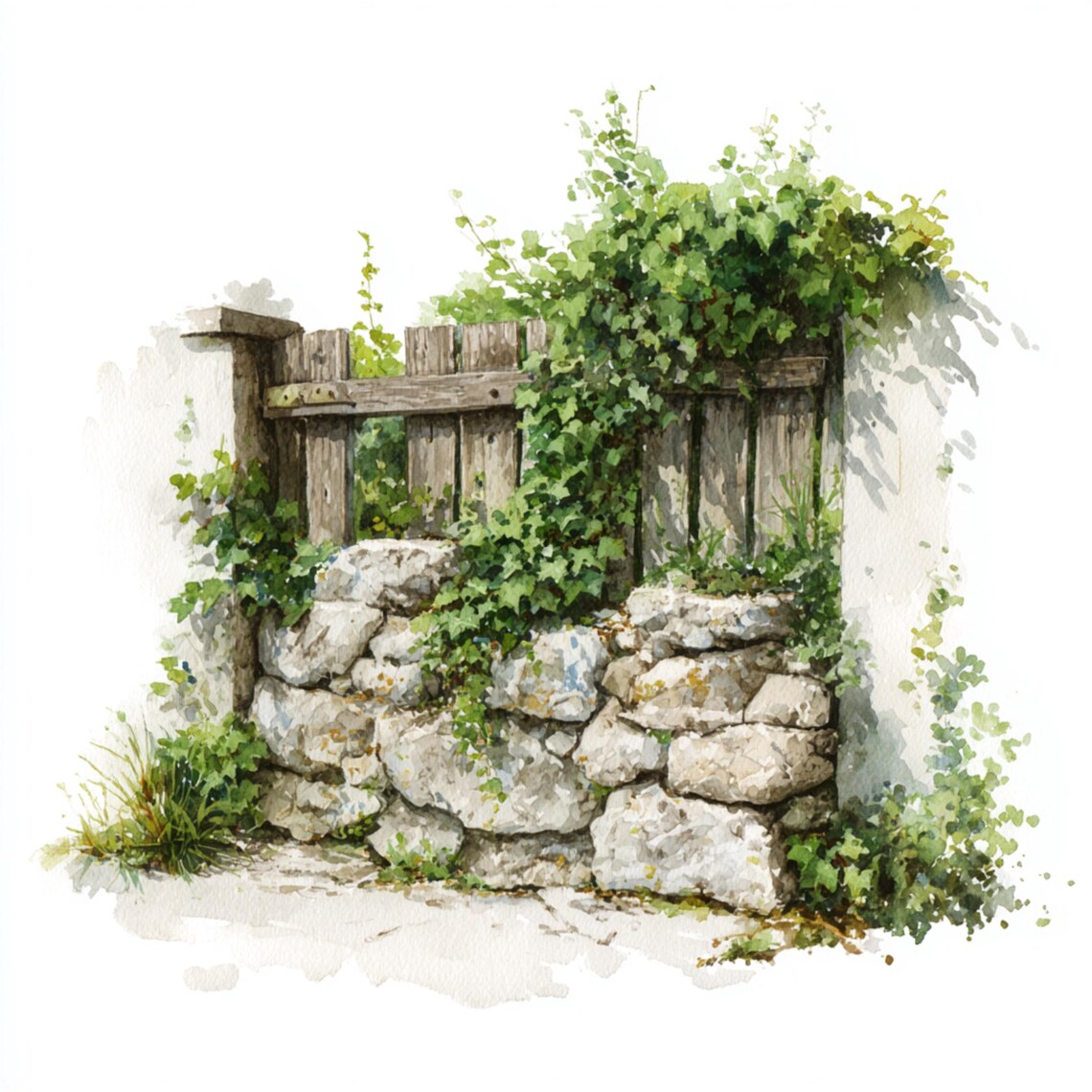 10 Printable Ivy Fence, Watercolor Stones Wall, Ivy Botanical Art ...