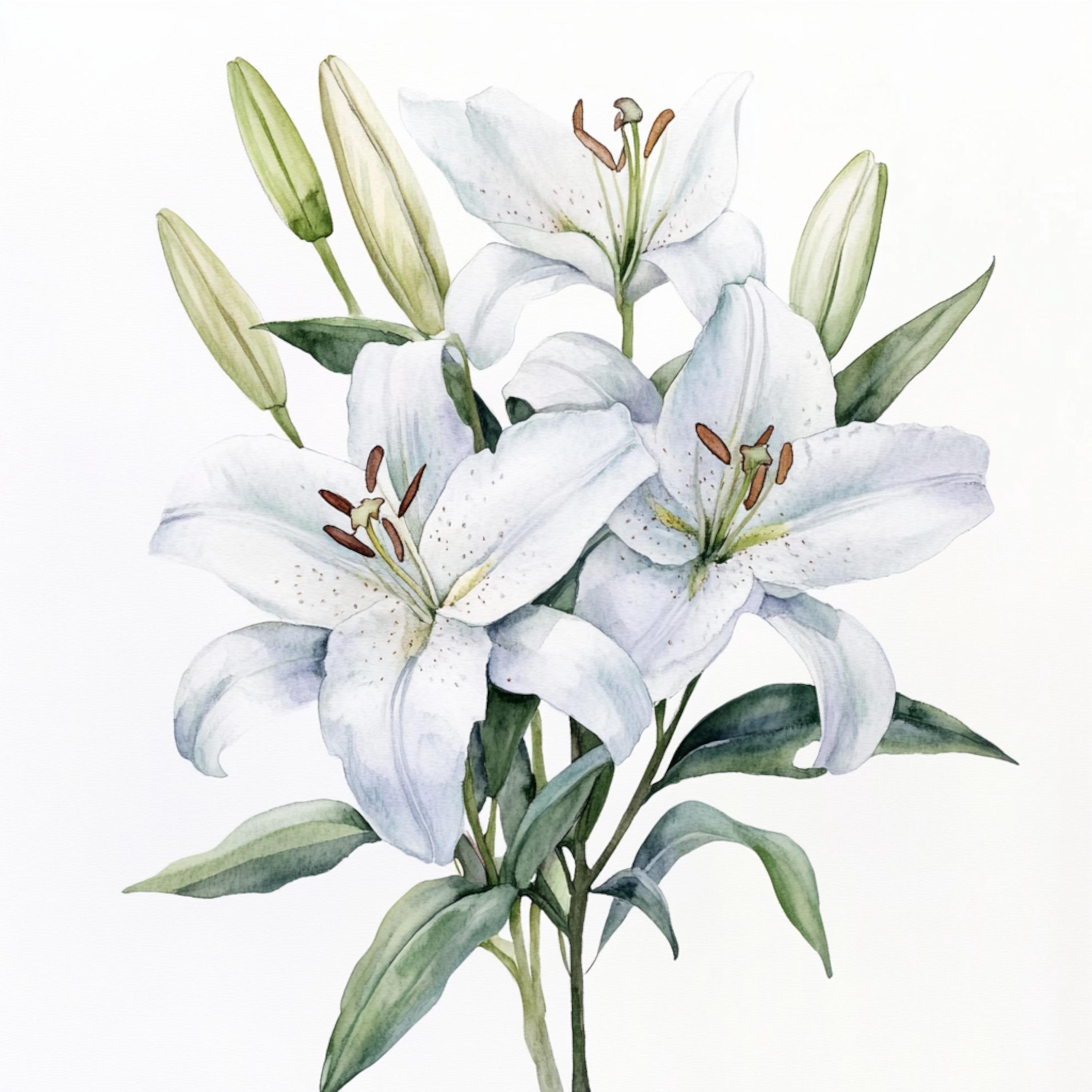 10 Printable White Lily Flowers, Watercolor Lily, Botanical Lily Art ...