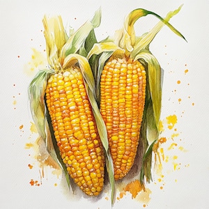 10 Printable Corn Painting, Watercolor Corns, Botanical Corn Art, Green ...