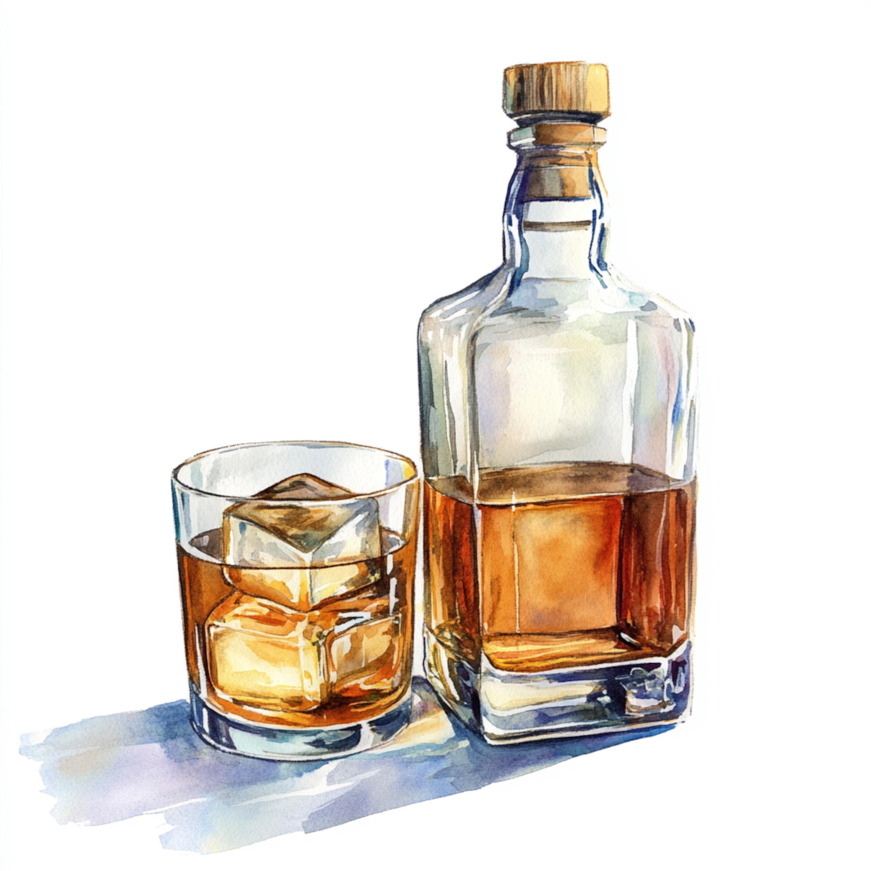 Printable Whisky Art, Watercolor Images, Whiskey Bottle and Glass Art ...