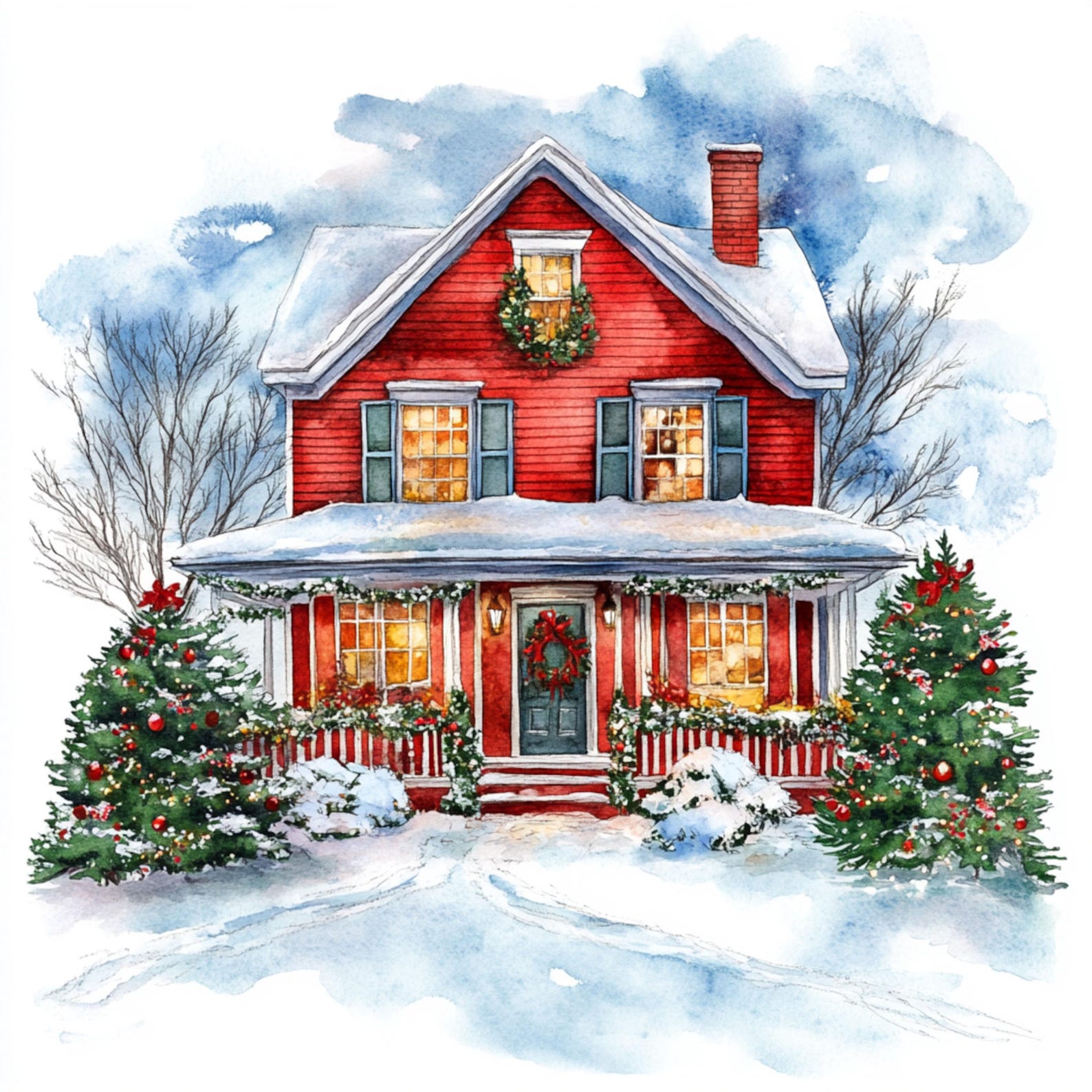 Christmas House Print, Christmas Card Art, House, Printable Watercolor ...