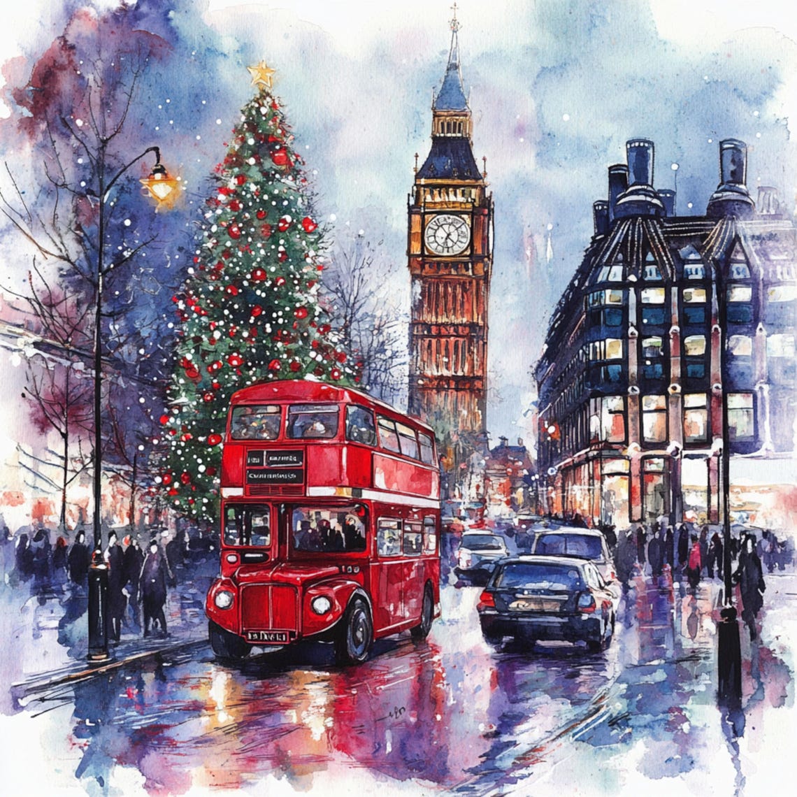 Christmas London City Card, Watercolor Soho District, London Trafalgar ...