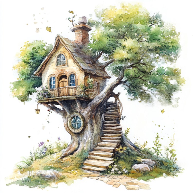 10 Printable Tree House, Fairy Tree House, Printable Watercolor Clipart ...