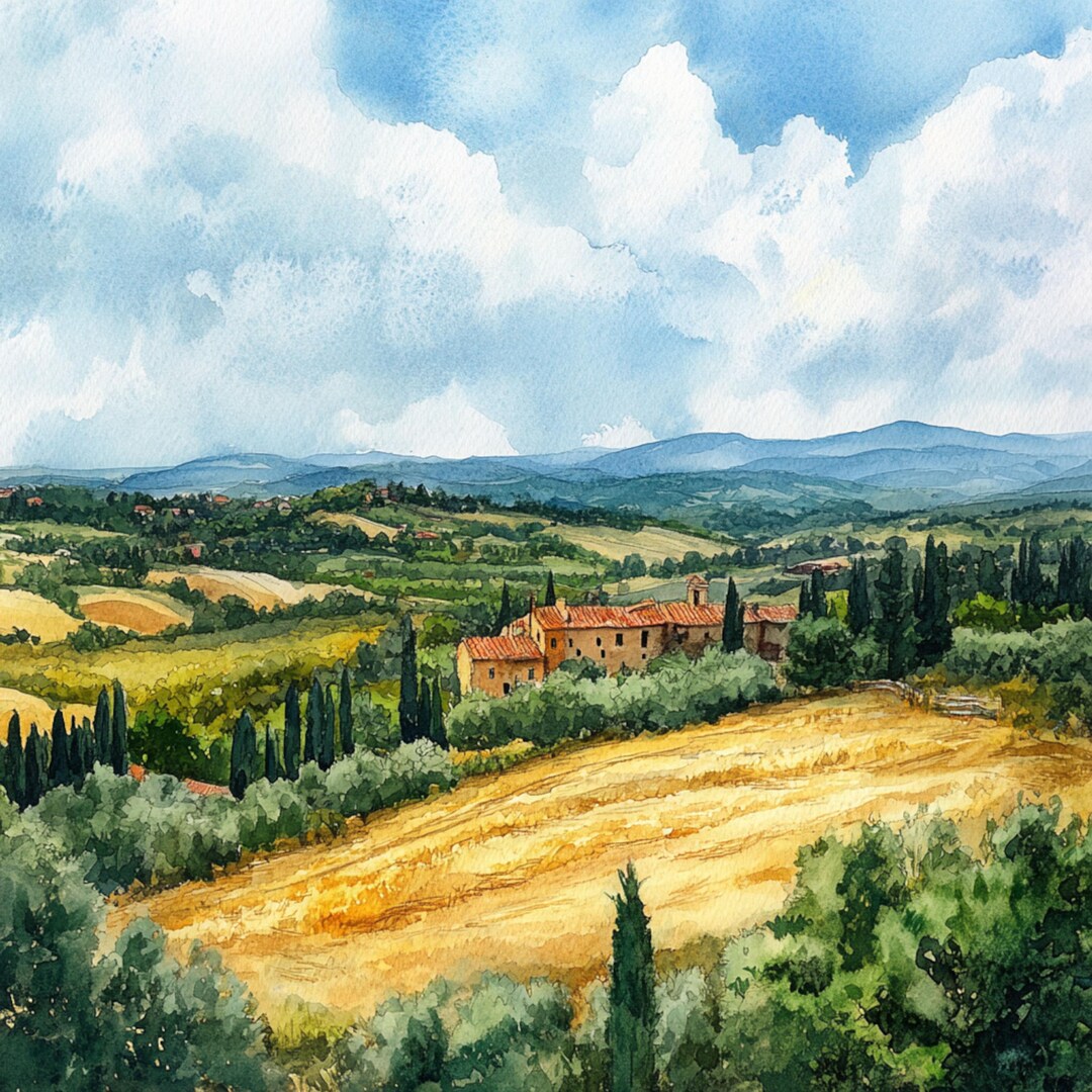 Printable Tuscany Italy Landscape Art, Tuscany Art, Green Italian Hills ...