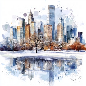 Winter Big City Landscape, Watercolor Art, Christmas Decor, 10 Clip Art ...